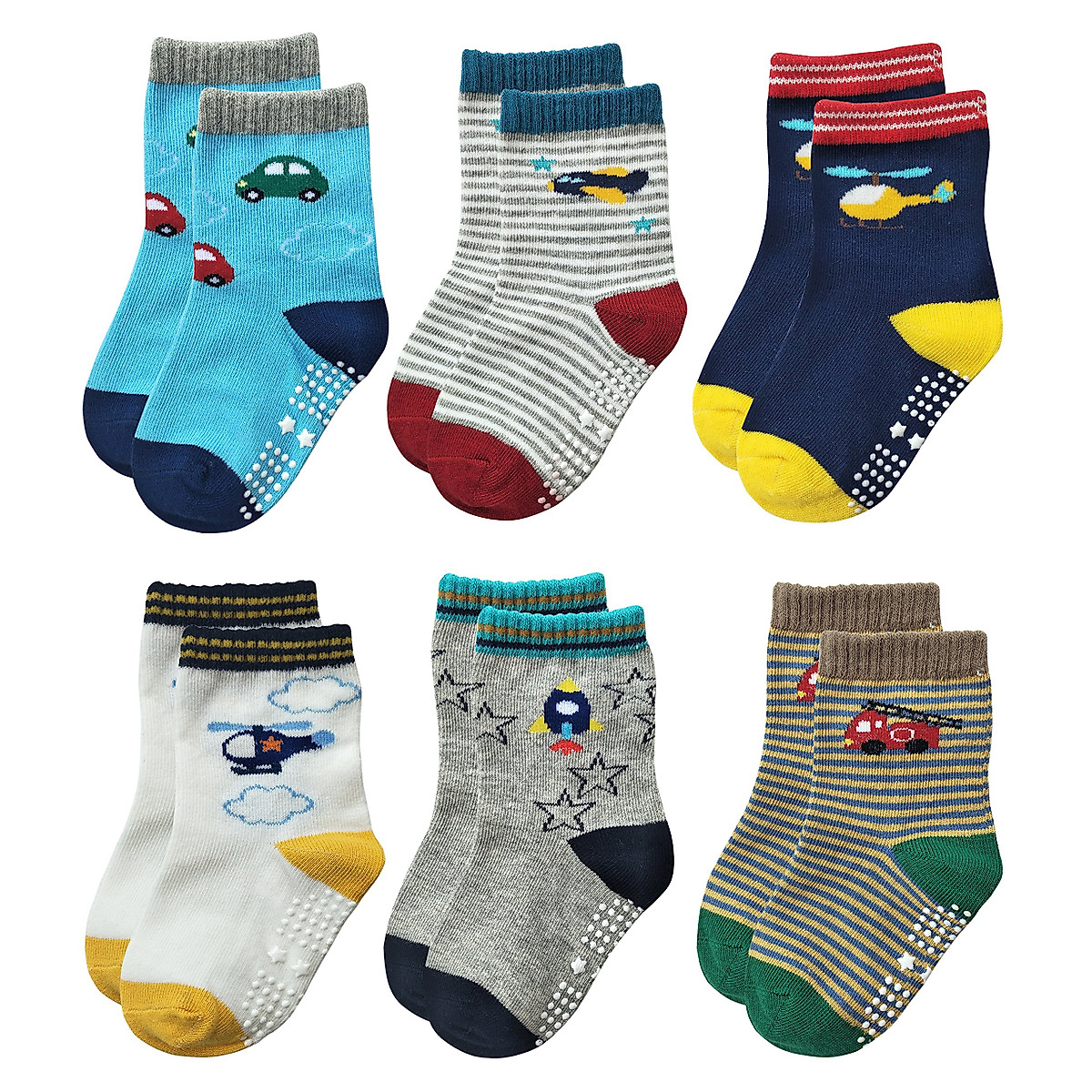 RATIVE Non Skid Anti Slip Slipper Cotton Crew Socks With Grips For Baby Toddlers Kids Boys (3-5T, 6-pairs/RB-711)