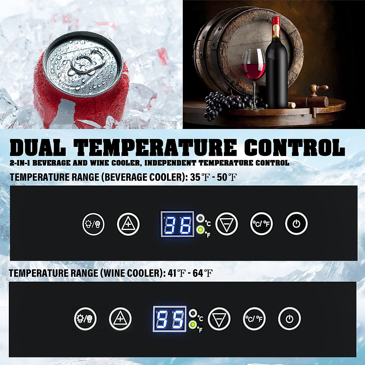 TCFUNDY Wine and Beverage Refrigerator, 2-IN-1 Beverage and Wine Cooler Dual Zone, Holds 18 Bottles and 57 Cans, Independent Temperature Control, Built-In or Freestanding Fridge