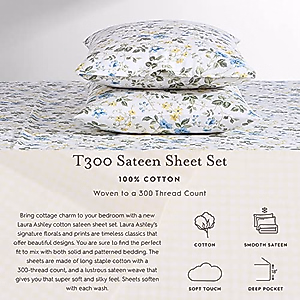 Laura Ashley Home - Queen Sheets, Soft Sateen Cotton Bedding Set - Sleek, Smooth, & Breathable Home Decor (Garden Muse Blue, 4 pieces, Queen)