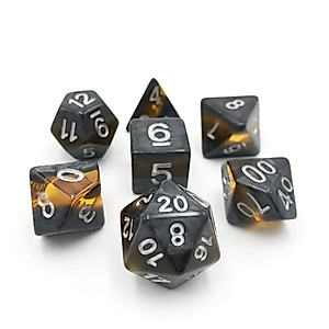 20 Forgotten Amber - 7 Piece Polyhedral DND Dice Set by D20 Collective - Black and Amber Swirled Acrylic Dice for Table Top Dungeons and Dragons RPGs and Gaming - D&D Dice Sets