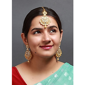 Bindhani Bollywood Fashion Kundan Stone Indian Drop Earrings With HeadPeice Maang Tikka Set For Women (Gold)