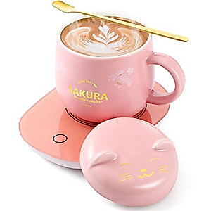 Coffee Cup Warmer Coffee Warmer with Mug for Women Electric Coffee Mug Heater Temperature Control Ceramic Cute Cat Smart Coffee Warmer for Office Desk Home Christmas Birthday Gift(Pink)