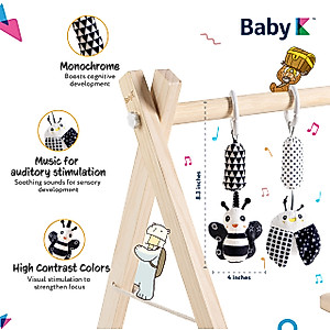 BABY K Wooden Baby Play Gym (with 7 Toys) - Foldable Wooden Play Gym with Wooden and Monochrome Hanging Toys for Baby Gym - Natural Wooden Surface - Cloth Cards & Mirror Toys for Activity Gym