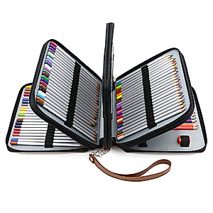 BTSKY®Colored Pencil Case Holder- Big Capacity Deluxe PU Leather Storage Pencil Organizer Holds 160 Pencils with Handle Strap for School College Office Watercolor Pencils Organization(Brown)