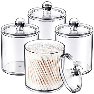 4 Pack of 15 Oz. Plastic Acrylic Bathroom Vanity Countertop Canister Jars with Storage Lid, Apothecary Jars Qtip Holder Makeup Organizer for Cotton Balls,Swabs,Pads,Bath salts (Clear, 15 Oz)