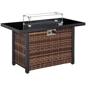 Outsunny 43in Outdoor Propane Gas Fire Pit Table, 50,000 BTU Auto-Ignition Wicker Gas Firepit with Glass Wind Guard, Blue Glass Rock, CSA Certification, Brown