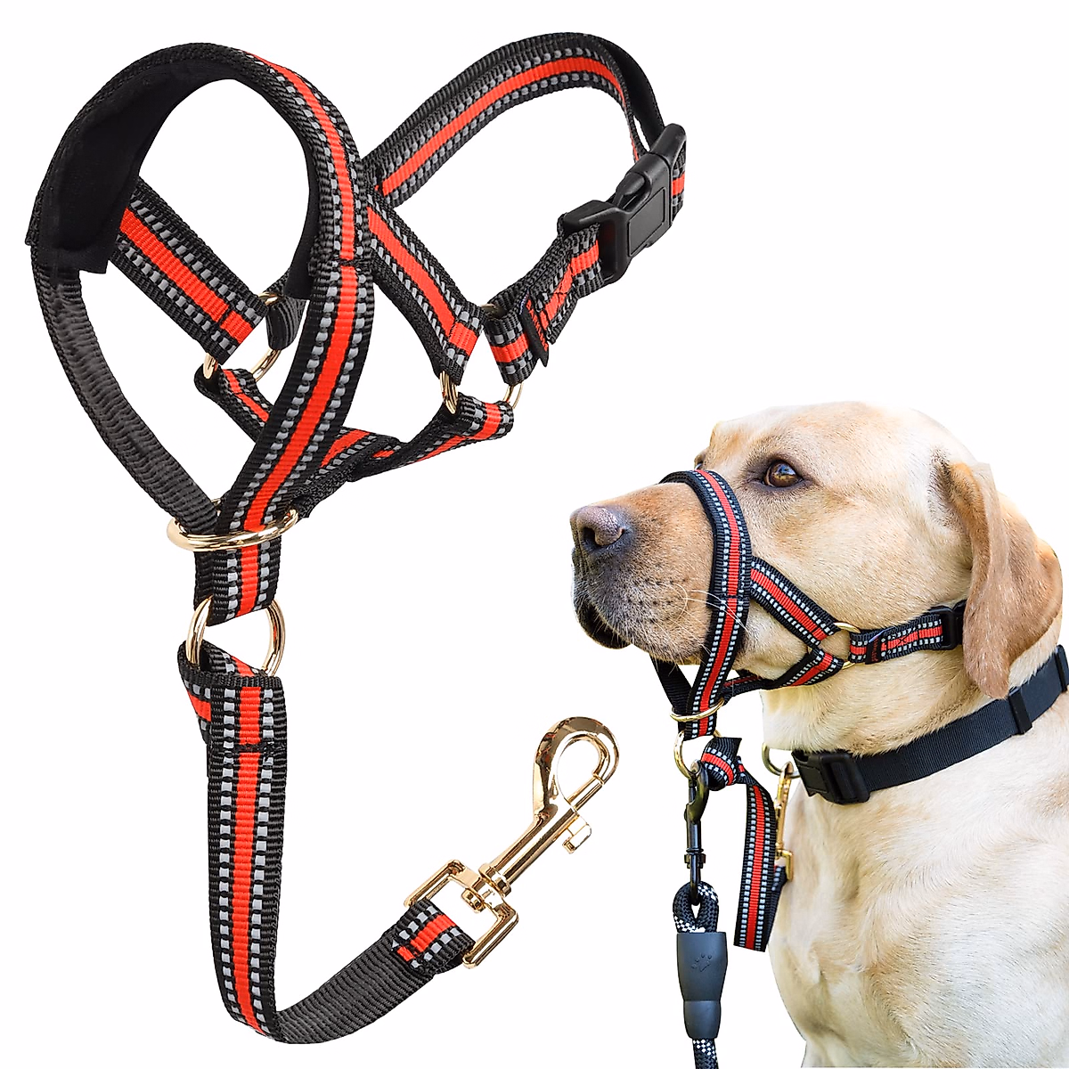 BARKLESS Muzzle Leash for Heavy Pullers, No Pull Stylish Head Halter for Medium Large Aggressive Dogs, Gentle Dog Face Harness Stops Pet Pulling and Choking on Walks, Adjustable Head Collar (XL, Red)