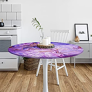Purple Marble Fitted Tablecloth, Abstract Cute Elastic Edge Round Tablecloth Cover Fit Table 36-42 Inch Diameter, Waterproof Stain Resistant Polyester Tablecloth for Kitchen Dining Picnic Party