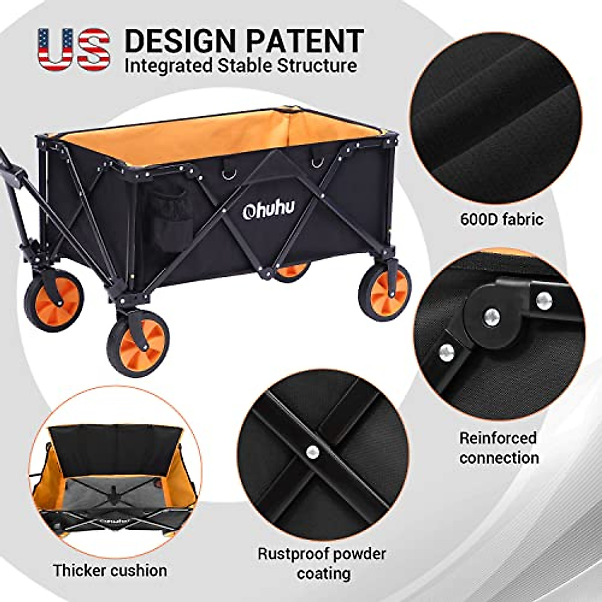 Ohuhu Collapsible Folding Wagon Cart: Extra Reinforced Foldable Wagons with 400 LB Capacity Heavy Duty Utility Outdoor Grocery Shopping Carts with Removable Wheels & 2 Drink Holders for Camping Picnic
