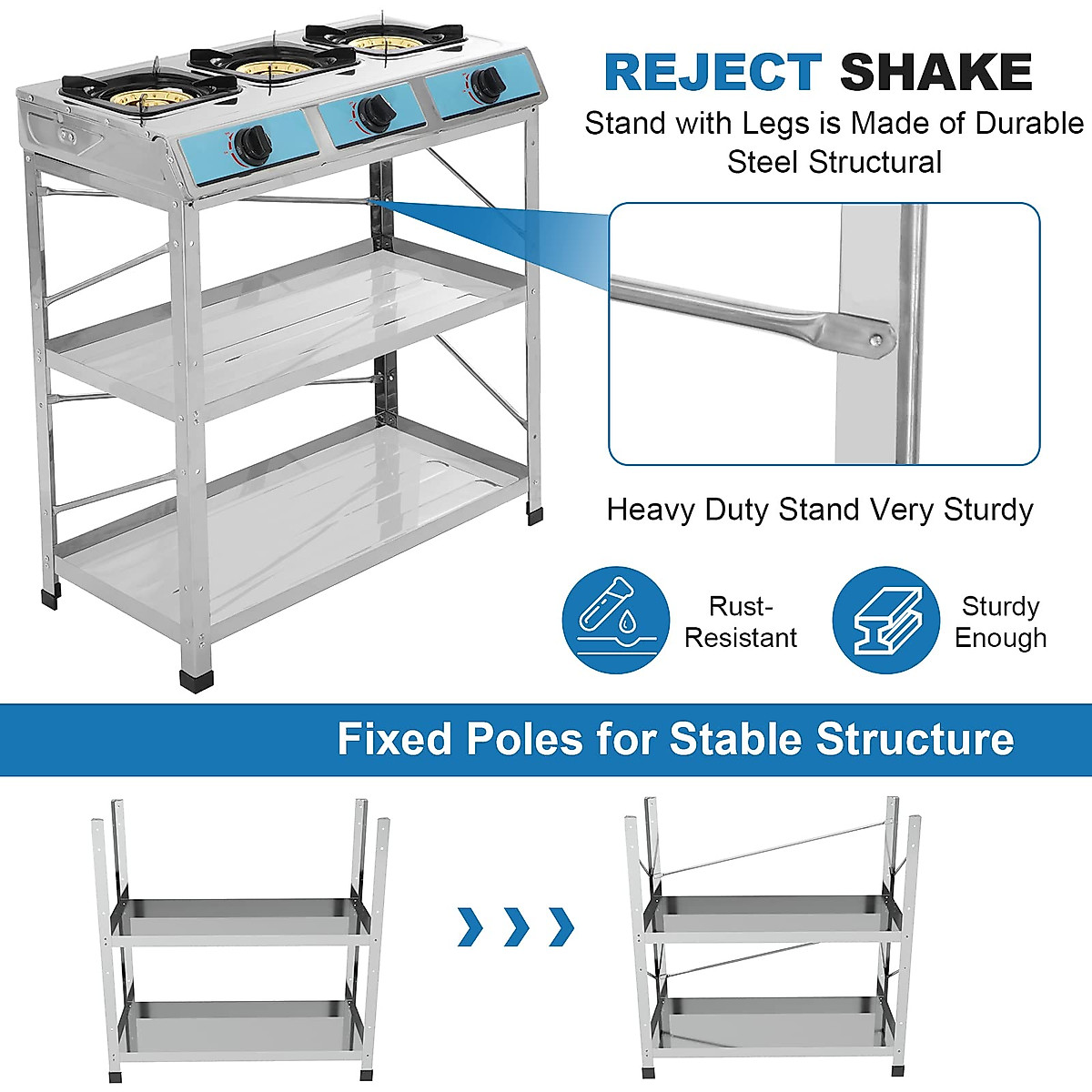 Propane Gas Stove 3 Burner Gas Stove with Removable Leg Stand Portable Gas Stove Auto Ignition Camping three Burner LPG for RV, Apartment, Outdoor