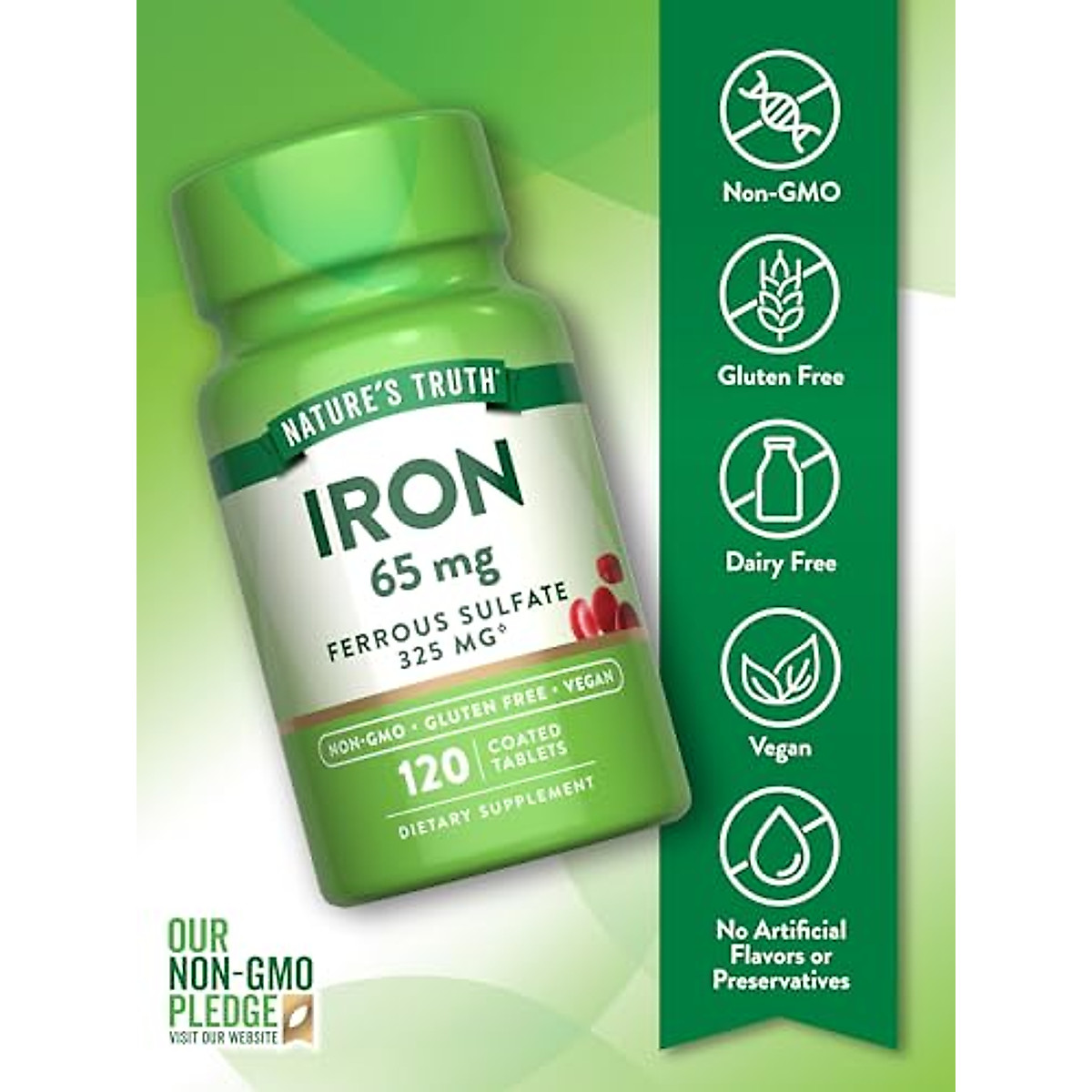 Ferrous Sulfate Iron Supplement | 65 mg | 120 Tablets | Non-GMO, Gluten Free | By Nature's Truth