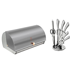Berlinger Haus Stainless Steel Bread Box for Kitchen Countertop and Kitchen Knife Set with Block 8 Piece, Silver