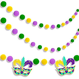 3 Pieces Pom Pom Garlands Mardi Gras Garlands Pompom Ball Banners Gold Purple Green Felt Ball Banners Mardi Gras Hanging Pom Pom Decorations for Mardi Gras Holiday Birthday Party Carnival