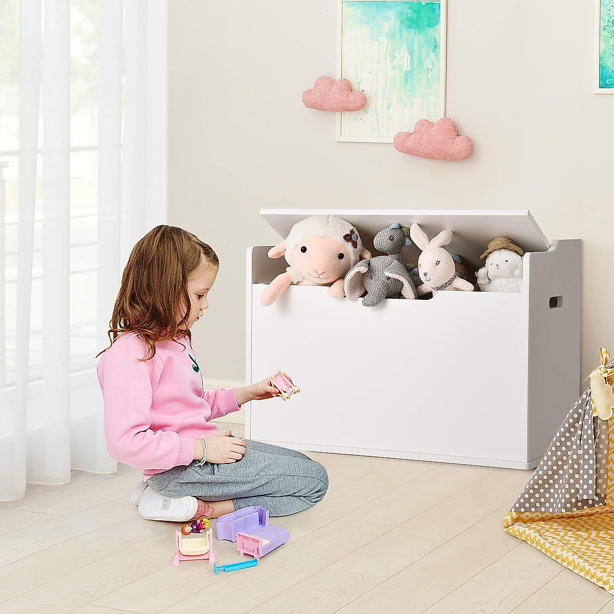 Costzon Wooden Toy Chest, 2 in 1 Toy Box and Storage Chest with Seating Cushion, Finger-Pinch Prevention Toy Storage Case with Seating Bench, Lift-Top Storage Chest for Bedroom/Living Room (White)