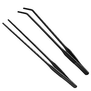 Wenplus 2PCS Aquarium Tweezers Stainless Steel Straight and Curved Tweezers Set Long Handle Reptile Feeding Tongs for Aquatic Plants Lizards Spider Snakes Garden Repairing - 10.6inch, Black