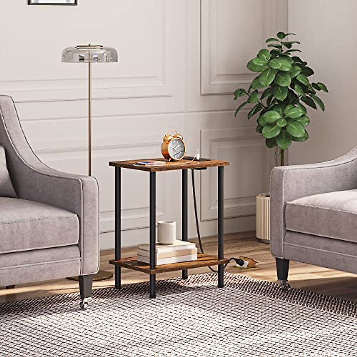HOOBRO Side Table with Charging Station, End Table with USB Ports and Outlet, Nightstand with 2-Layer Storage Shelves for Small Spaces, Living Room, Bedroom, Stable Frame, Rustic Brown BF09UBZ01