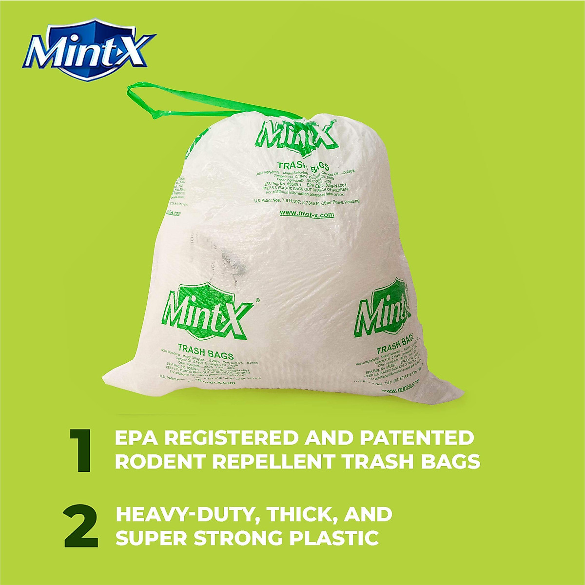 Mint -X Rodent Repellent Indoor Tall Kitchen Drawstring Trash Bags with Mint-Flex Technology; 13 Gallon, 120 Count, White