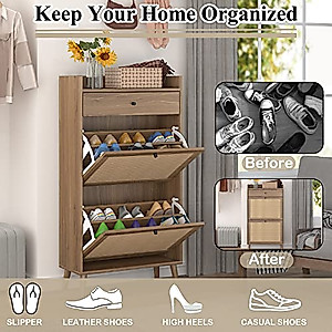 Goujxcy Natural Rattan Shoe Cabinet with 2 Flip Drawers, Farmhouse Shoe Storage Cabient for Heels, Boots, Slippers, Slim Wood Freestanding Shoe Rack Organizer for Entryway, Hallway, Bedroom,Walnut