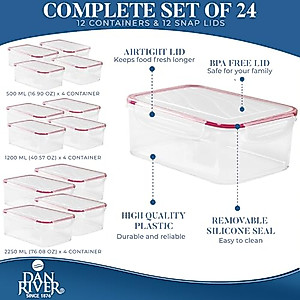 DAN RIVER Reusable Air Tight Plastic Containers with Lids 24-Piece Set (12 Containers & 12 Snap Lids), Leak-Proof & Microwave Safe, Air Tight Food Storage Set, Red