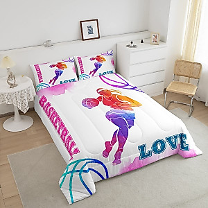 Basketball Lovers Kids Comforter Set Full Size,Modern Sports Games Competition Bedding Set,Girls Boys Adults Room Decor,Hand Painted Fashion Down Comforter,Pink Purple Duvet Insert,2 Pillowcases