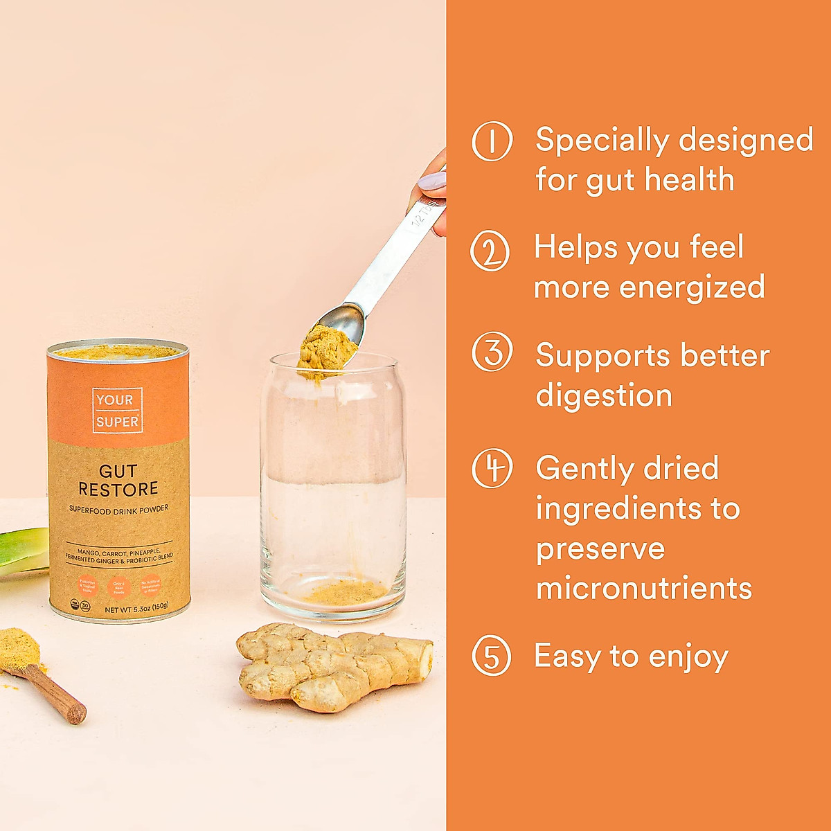 Your Super Gut Restore Superfood Powder – Organic Plant Based Powder with Probiotic Blend, Tropical Superfruit Drink Mix with Digestive Enzymes for Gut Health (30 Servings)