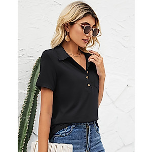 TFSDOD Womens Casual Polo T Shirts V Neck Short Sleeve Button Down Business Casual Tops Loose Work Blouses Black S