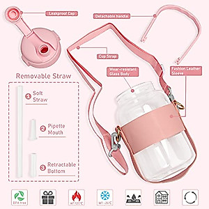 Sursip 42 oz Glass Water Bottle - Aesthetic Water Bottle with Straw/Lid/Handle/Sleeve - Reusable Sport Clear Glass Drinking Bottle for Daily, Workout, Outdoors, School, Work - Khaki