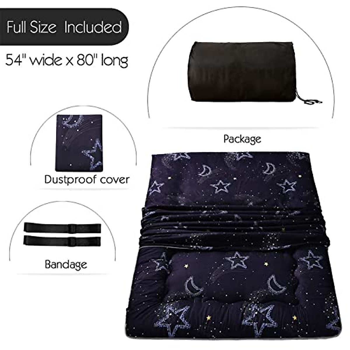 MAXYOYO Black Moon and Star Futon Mattress, Japanese Floor Mattress Folding Tatami Floor Mat Portable Camping Mattress Kids Sleeping Pad Floor Lounger Couch Bed, Thickness：8CM, Full Size