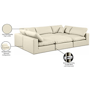 Meridian Furniture 188Cream-Sec6C Comfy Collection Modern | Contemporary Upholstered Modular Sectional, Soft Cream Vegan Leather, Fiber-Filled, 119" W x 79" D x 34.5" H, Cream