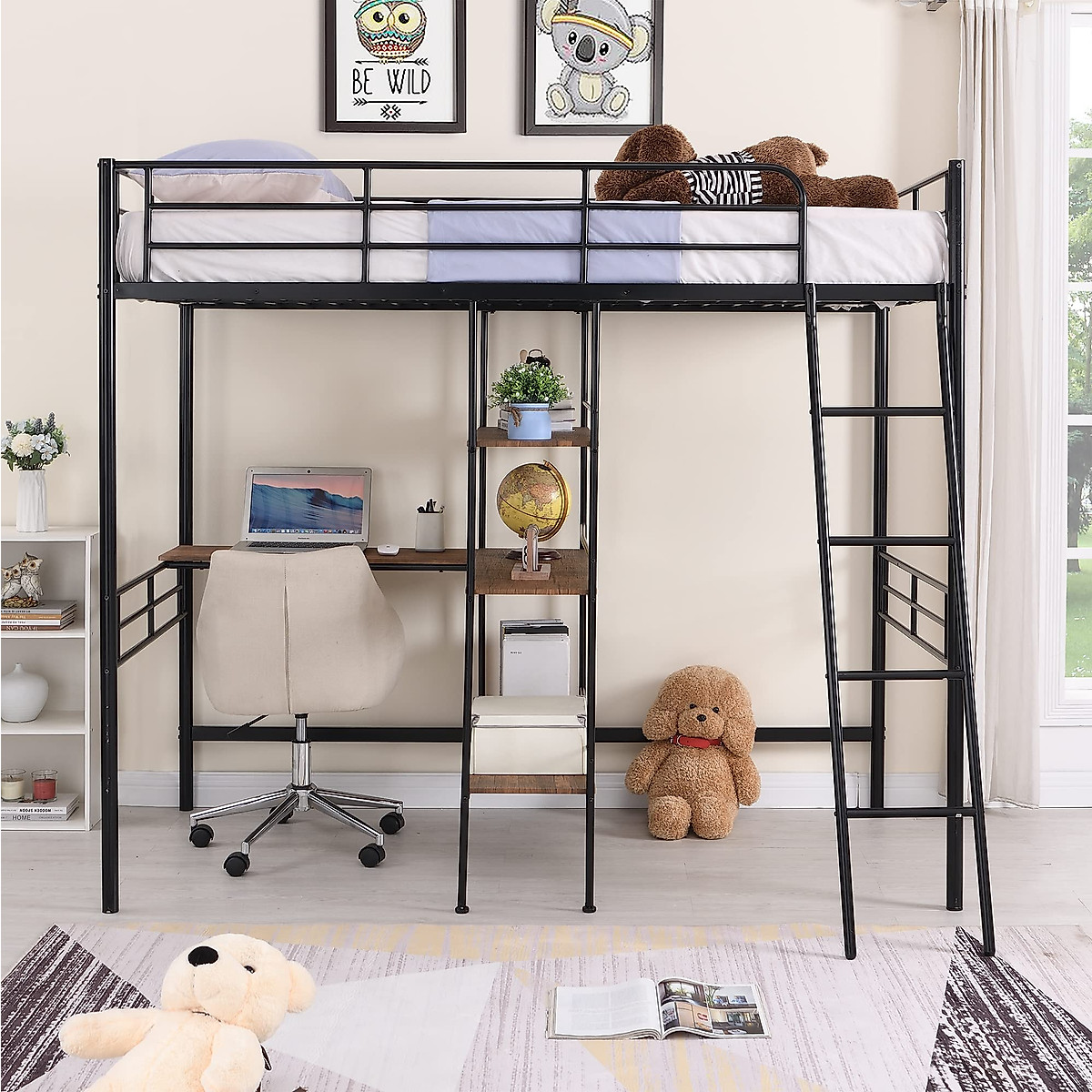 P PURLOVE Twin Size Metal Loft Bed with Desk for Kids,Girls,Boys,Twin High Loft Bed with Storage Shelves and Built in Ladder for Living Room,No Box Spring Needed,Black