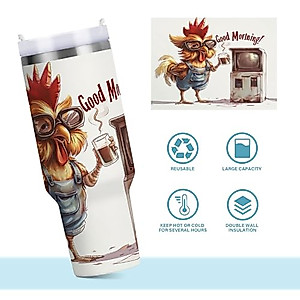 ODAWA Cartoon Rooster Travel Tumbler with Straw and Lid Water Bottle 30 Oz Stainless Steel Cups