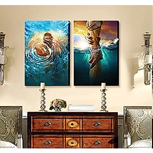 2 Pcs Framed Jesus wall art The Hand of God Jesus Reaching Into Water Christ Religion Canvas Wall Decor Blue Ocean Bible Pictures Posters Prints Paintings for Living Room Bedroom Church Decorations Ready to Hang