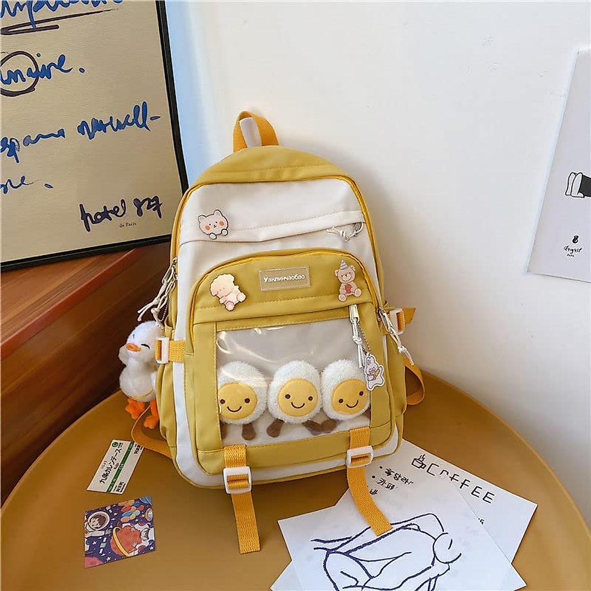 Kawaii Aesthetic Cute Back to School Backpack with Lovely Accessories and Pendant for Girls and Boys in 4 Colors (Yellow)