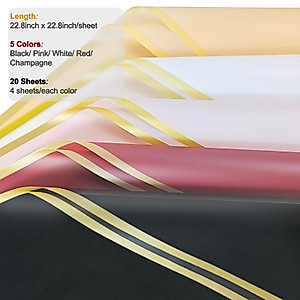 Unarty 20 Sheets 5 Colors Flower Wrapping Paper, Waterproof Bouquet Wrapping Paper with Gold Edge, Floral Wrapping Paper 22.8 x 22.8 Inch, Black, Pink, White, Red, Champagne Colors