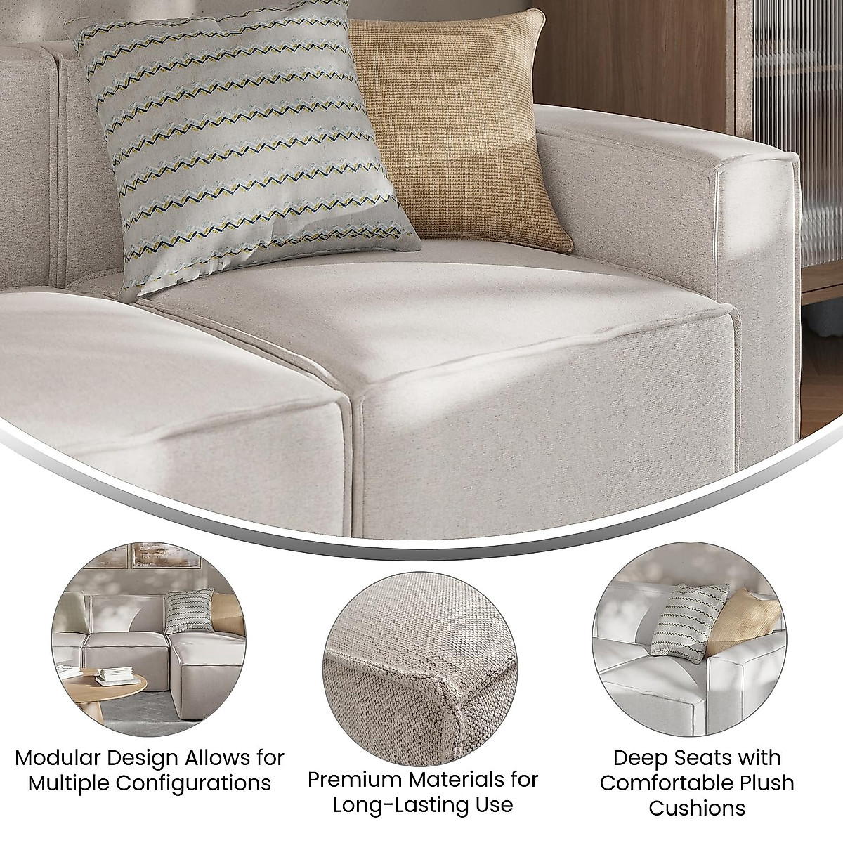 Flash Furniture Bridgetown Fabric Right Chair Module for Sectional Sofa, Customizable Modular Couch Right Seat with Arm Rest, Cream