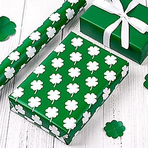 WRAPAHOLIC Reversible Wrapping Paper - Mini Roll - 17 Inch X 33 Feet - St. Patrick Green and White Lucky Clovers Design for Celebration, Baby Shower