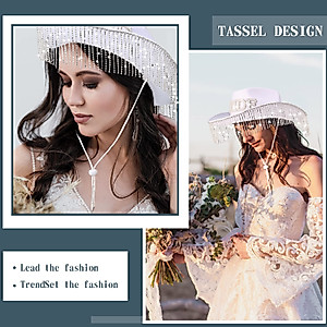 Patelai Bride Cowgirl Hat Rhinestone White Bride Cowboy Hat with Sash, Bachelorette Party Decoration, Wedding Bridal Gift(Strip Rhinestone Fringe)