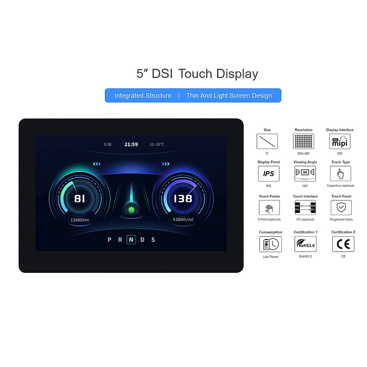 5inch DSI Touch Display for Raspberry Pi 4B/3B+/3A+/3B/2B/B+/A+, Thin & Light Touch Screen 800×480 Resolution IPS Display, Support 5-Point Capacitive Touch
