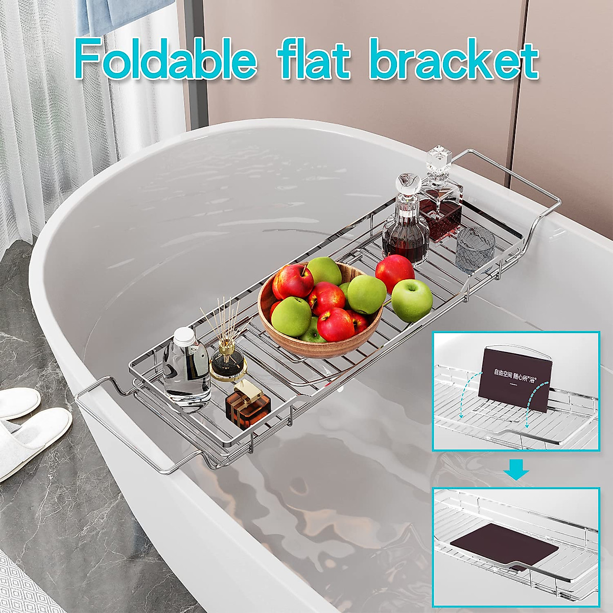 YQh Adjustable Tub Rack, 304 Stainless Steel Bathroom Tray, Multi-Function Tub Organizer with Adjustable Reading Rack, for Tablet or Cell Phone