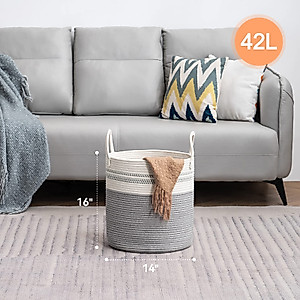 TECHMILLY Woven Rope Laundry Hamper Basket, Tall Laundry Basket Storage, Baby Nursery Hamper for Blanket, Clothes Hamper for Laundry in Bedroom and Living Room Organizing, Small, 42L, Grey