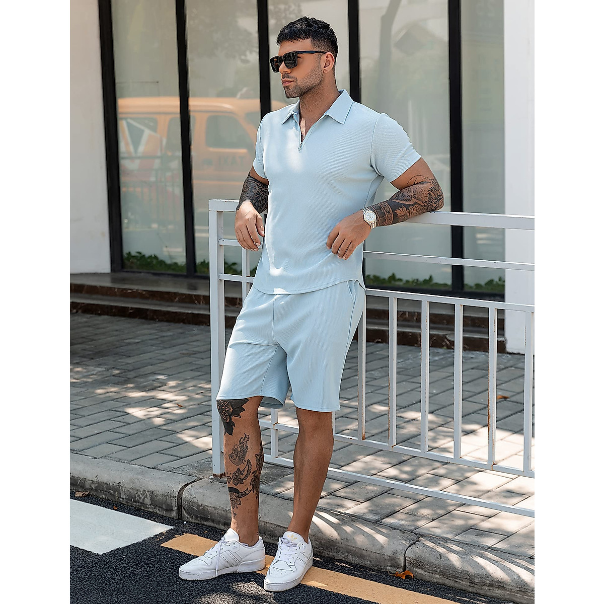 URRU Men's Polo Shirt and Shorts Set Summer Outfits Casual Short Sleeve Polo Suit for Men 2 Piece Shorts Tracksuit Set Light Blue L