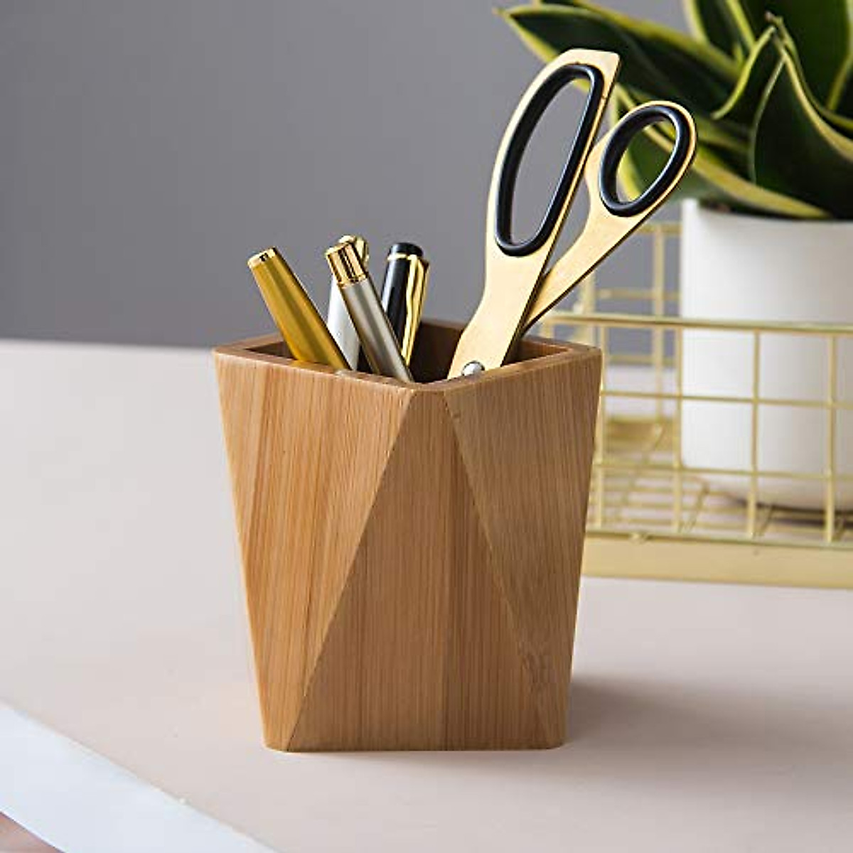 YOSCO Bamboo Wood Pen Holder Stand for Desk Geometric Pencil Cup Pot Cute Desktop Office Supplies, Makeup Brushes Organizer (Bamboo)