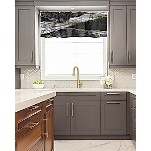 Kitchen Cafe Valance Curtain for Small Windows,Black White Marble with Gold Stripe Rod Pocket Short Blackout Curtains,Abstract Stone Agate Texture Window Treatment for Living Room Bedroom Bathroom