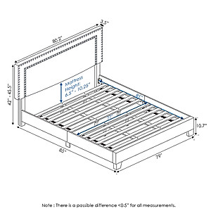 Furinno Laval Double Row Nail Head Upholstered Platform Bed Frame, King, Glacier