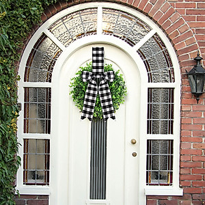 Artificial Eucalyptus Wreath Greenery Hanging Wreath Kitchen Cabinet Wreath with Buffalo Plaid Bow Black and White Check Bow for Christmas Front Door Home Wall Porch Patio Garden Decor