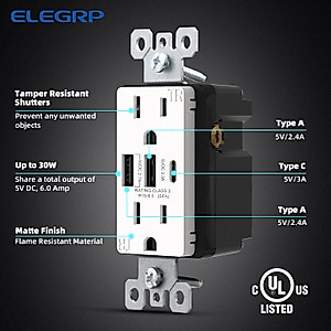 ELEGRP USB Outlets Receptacles, 3-Port USB C Wall Outlet, 30W 6.0A USB Electrical Outlet, 15 Amp Tamper-Resistant Outlet with USB C Ports, UL Listed, Screwless Wall Plate Included, 2 Pack, Matte White