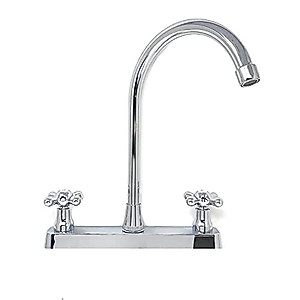 Chromed Surface 8" Two-Handle Tall Stainless Steel Spout Kitchen Faucet 8-inch Center Hole [3015PF] ADA -Does not Contain Lead, Plastic (POM) Body HI Rise SPOUT