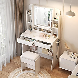 Vanity Desk with Mirror and Lights, Makeup Vanity Table with 2 Drawers and Shelves, Built-in Power Outlet and Hairdryer Holder, 3 Color Modes Available, Vanity Desk with Chair Set for Bedroom, White