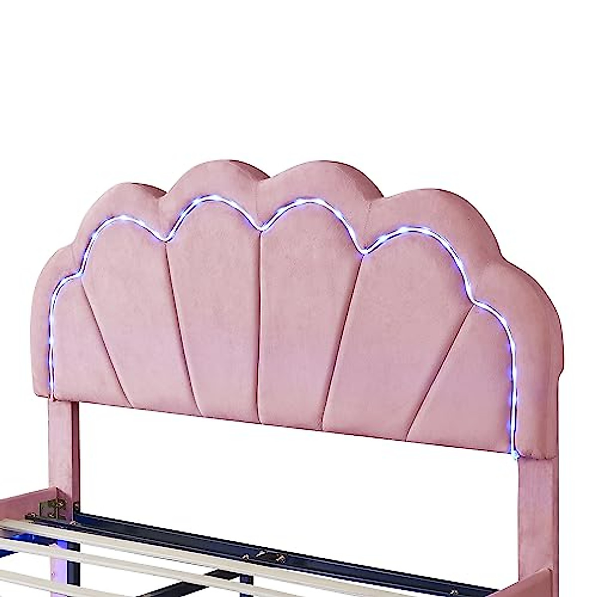 Full Size Velvet Upholstered Bed, Floating Platform Bed Frame with Storage Ottoman, Flowers Shape Headboard and LED Lights, Floating Bed Smart LED Bed for Kids Adults Bedroom Furniture (Pink Ottoman)