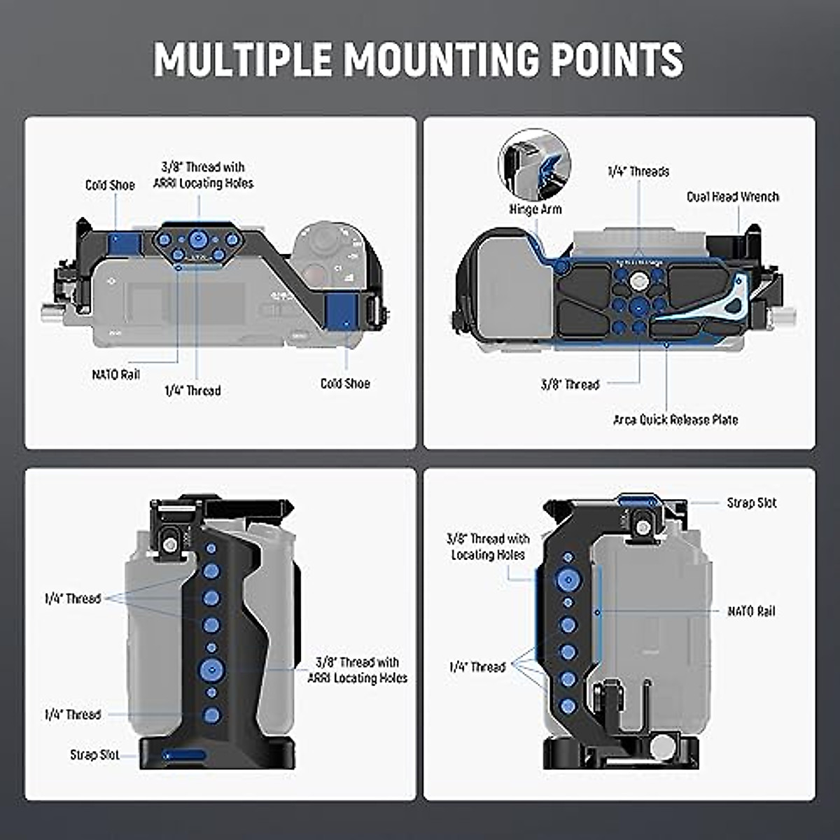 NEEWER ZV-E1 Camera Cage with HDMI Cable Clamp, NATO Rail 3/8" ARRI Locating Holes 1/4" Threads, Arca Type Base, Metal Video Rig Compatible with Sony ZV-E1 Compatible with DJI RS RSC, Black, CA025